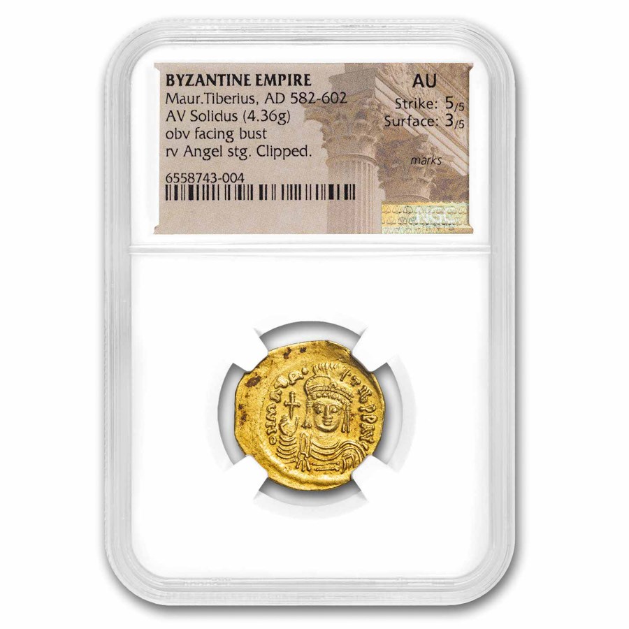 Byzantine AV Solidus Mau Tiberius (582-602 AD) AU NGC (S-478)