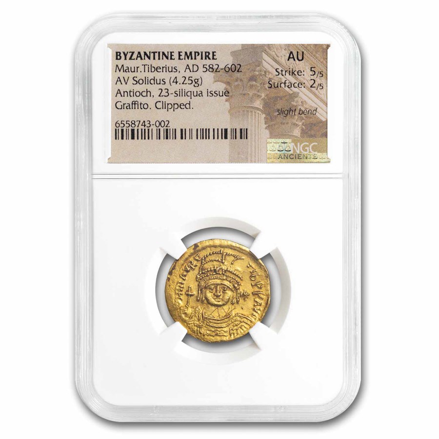 Byzantine AV Solidus Mau Tiberius (582-602 AD) AU NGC (S-528)