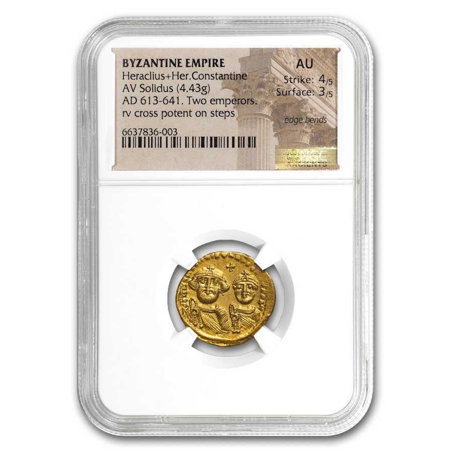 Byzantine Gold Solidus Emperor Heraclius+Her. (613-641 AD) AU NGC