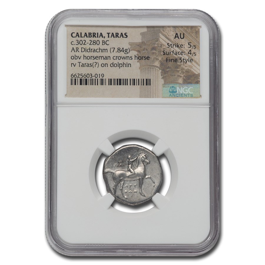 Calabria Taras AR Didrachm Boy on Dolphin (302-280 BC) AU NGC