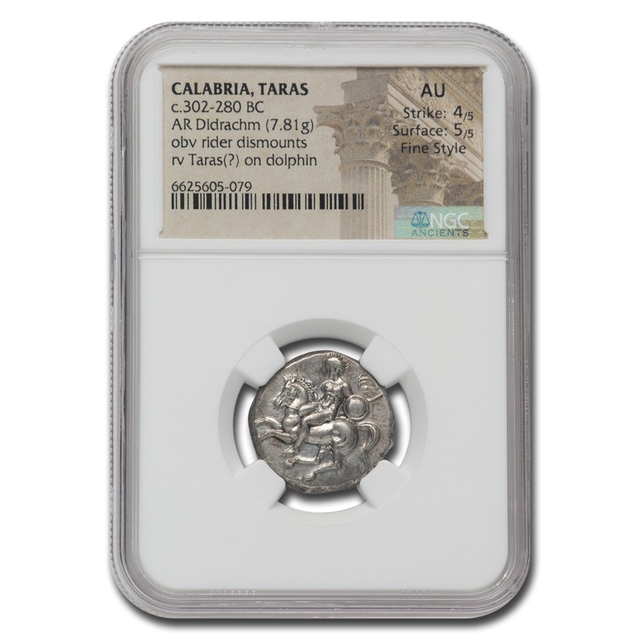 Calabria Taras AR Didrachm Boy on Dolphin (302-280 BC) AU NGC