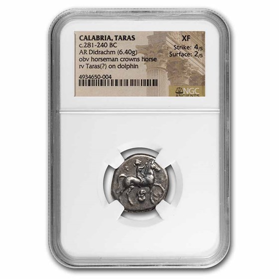 Buy Calabria Taras AR Didrachm Horseman Crowns (281-240 BC) XF NGC | APMEX