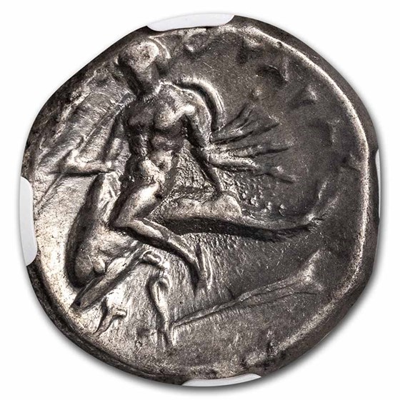 Buy Calabria Taras AR Didrachm Rider w/shield (281-240 BC) AU NGC | APMEX
