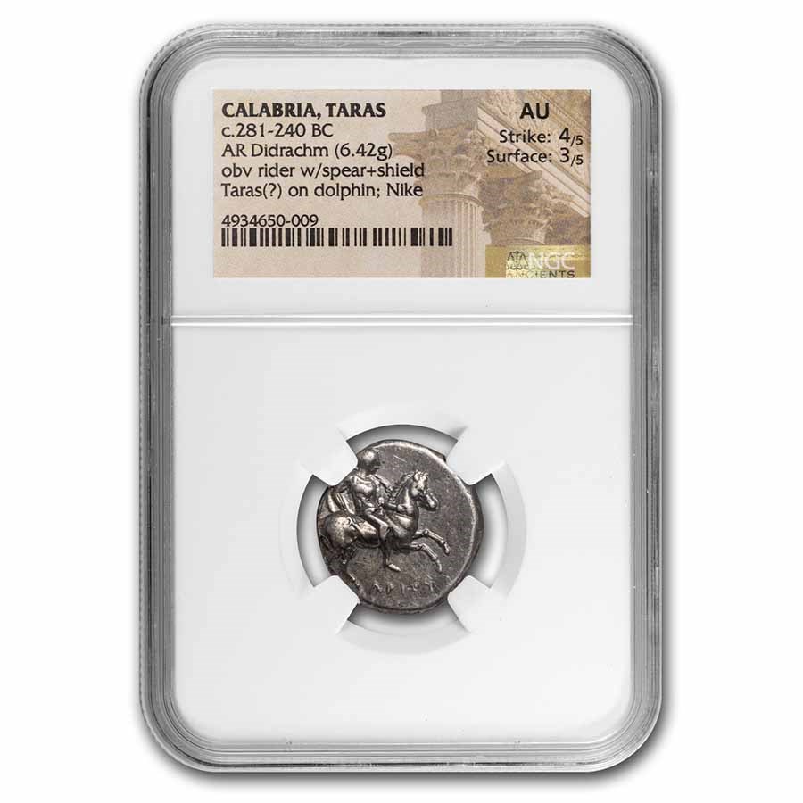 Buy Calabria Taras AR Didrachm Rider w/shield (281-240 BC) AU NGC | APMEX