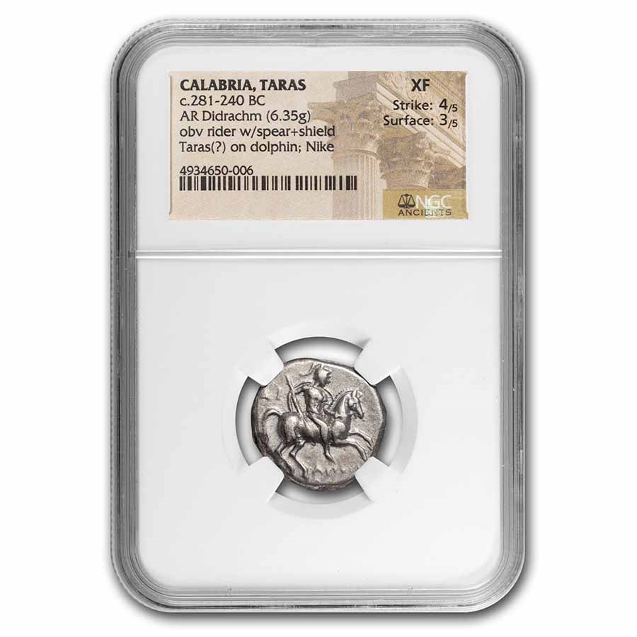 Buy Calabria Taras AR Didrachm Rider w/shield (281-240 BC) XF NGC | APMEX