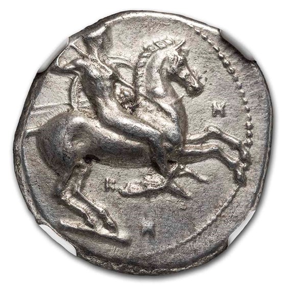 Buy Calabria Taras AR Didrachm Rider w/shield (332-302 BC) Ch XF NGC ...