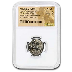 Buy Calabria Taras AR Didrachm Rider w/shield (3rd cent BC) CH XF NGC ...