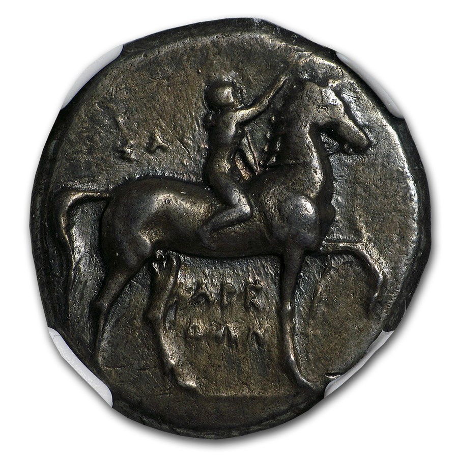 Buy Calabria Taras AR Didrachm Taras on Dolphin (281-240 BC) XF NGC | APMEX Buy Calabria Taras AR Didrachm Taras on Dolphin (281-240 BC) XF NGC | APMEX