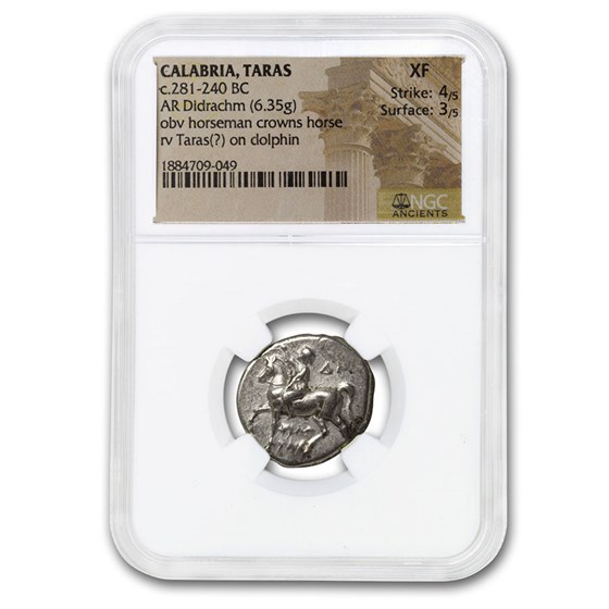Buy Calabria Taras AR Didrachm Taras on Dolphin (281-240 BC) XF NGC | APMEX Buy Calabria Taras AR Didrachm Taras on Dolphin (281-240 BC) XF NGC | APMEX