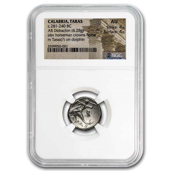 Buy Calabria Taras AR Didrachm Taras on Dolphin (281-240BC) AU NGC | APMEX