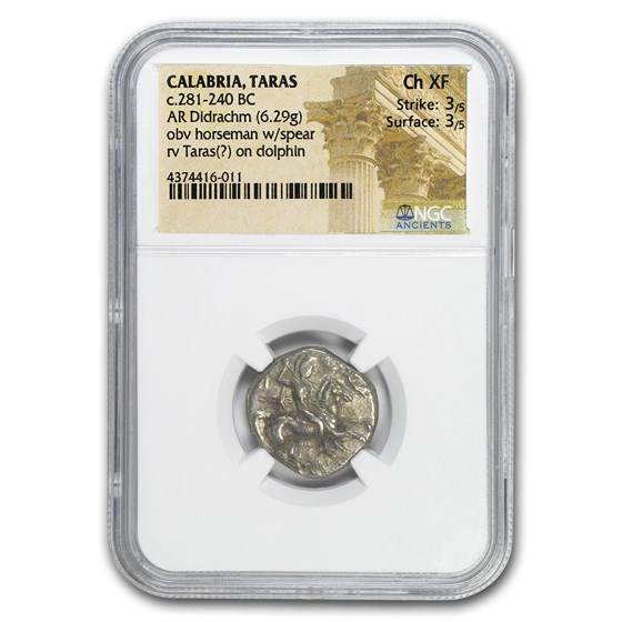 Buy Calabria Taras AR Didrachm Taras on Dolphin (281-240BC) CH XF NGC ...