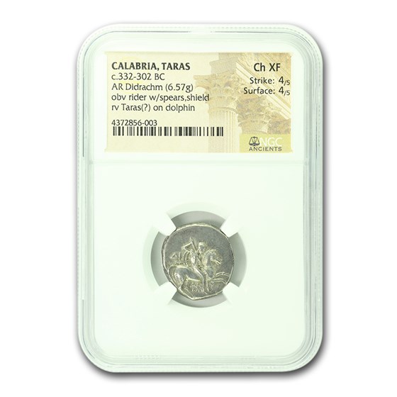 Buy Calabria Taras AR Didrachm Taras on Dolphin (281-240BC) CH XF NGC ...