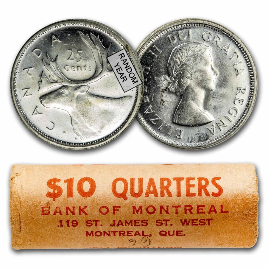 Canada 80% Silver Quarter Elizabeth II 40-Coin Roll Bank Wrapped
