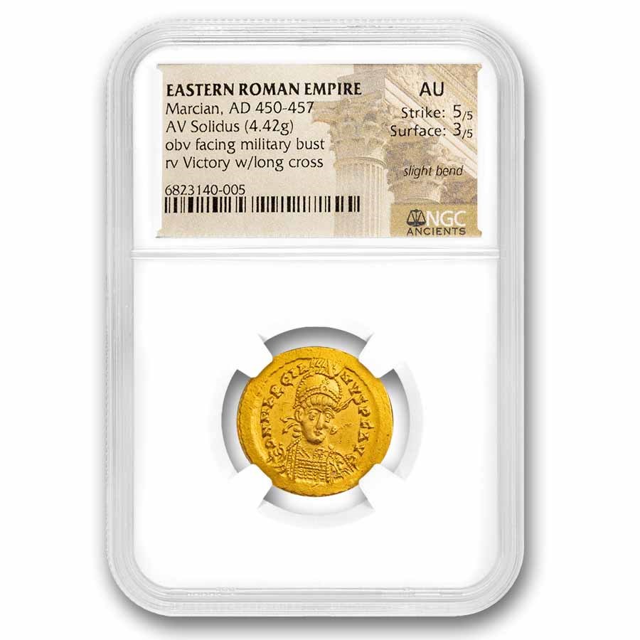 Buy 450-457 Roman Gold Solidus Marcian AU NGC 5/3 | APMEX
