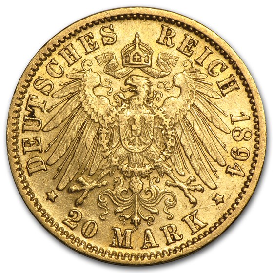 Buy Germany Gold 20 Marks Baden Friedrich (1872-1895) Avg Circ | APMEX