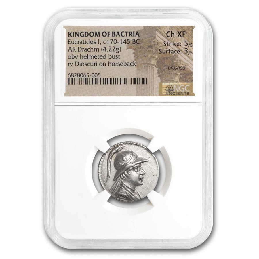 Kimgdom of Bactria Eucratides I AR Drachm (170-145 BC) Ch XF NGC