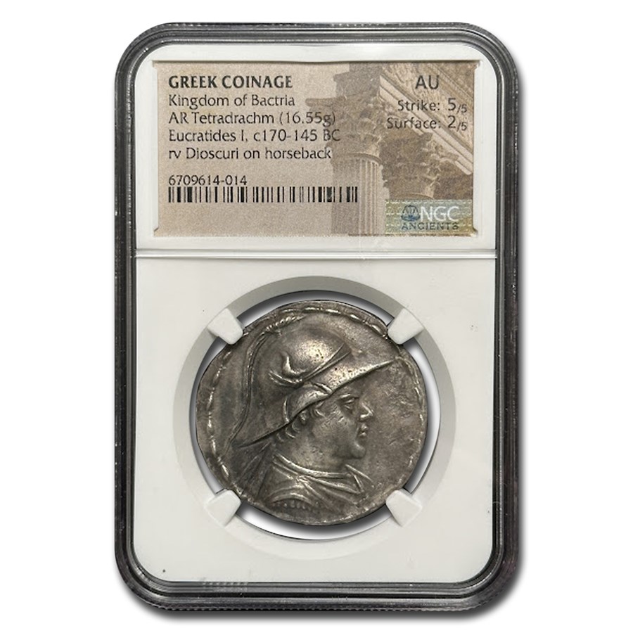 Kingdom of Bactria AR Tetradrachm (170-145 BC) AU NGC