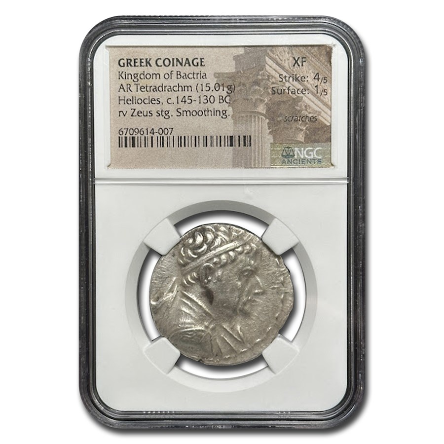 Kingdom of Bactria AR Tetradrachm Heliocles (145-130 BC) XF NGC