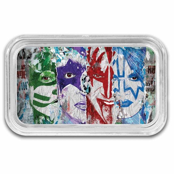 KISS 1 oz Silver Newsprint Characters Colorized Bar