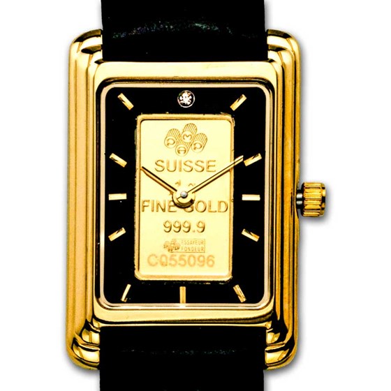 Ladies 1 gram Gold Pamp Suisse Grained Leather Band Watch