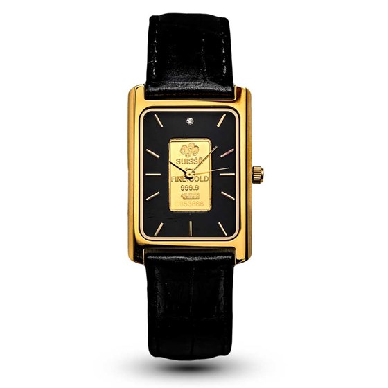 Men's 1 gram Gold Pamp Suisse Grain Leather Band Watch (Black)