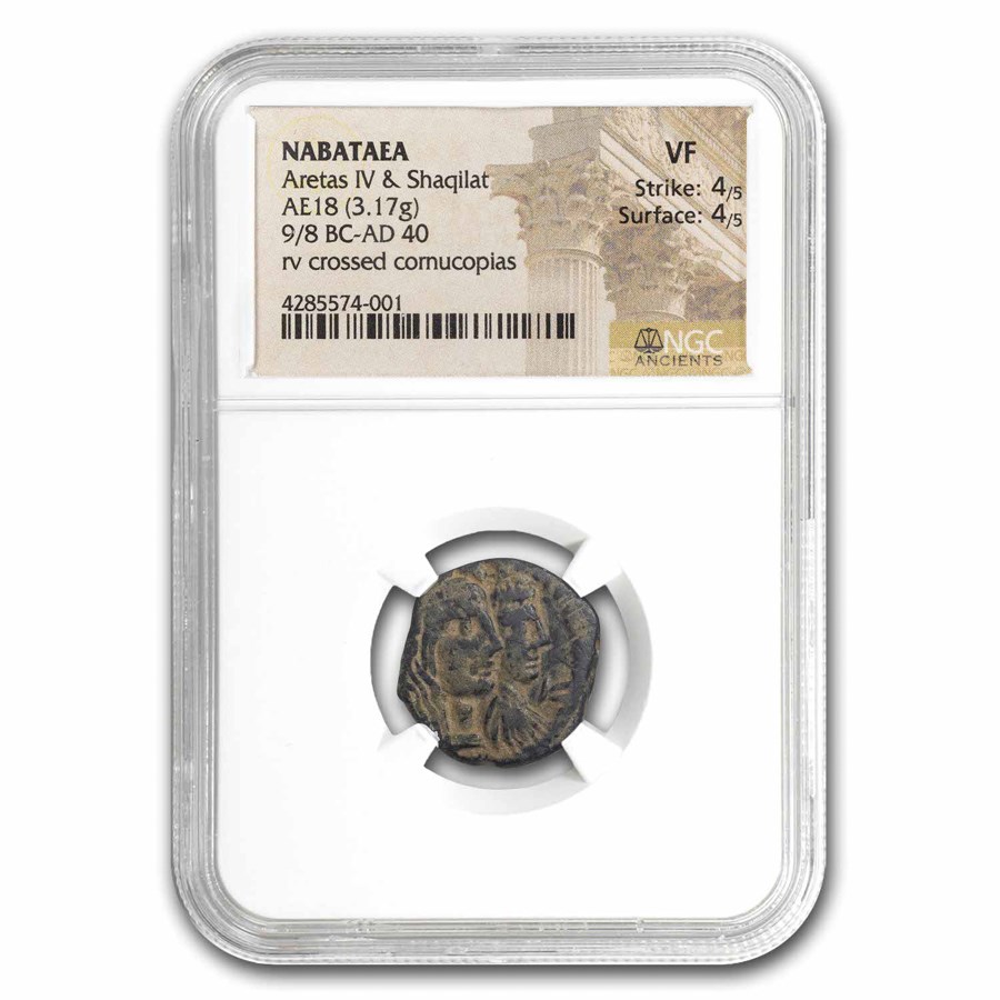 Nabataea AE18 (9 BC-40 AD) Aretas IV & Shaqilat VF NGC