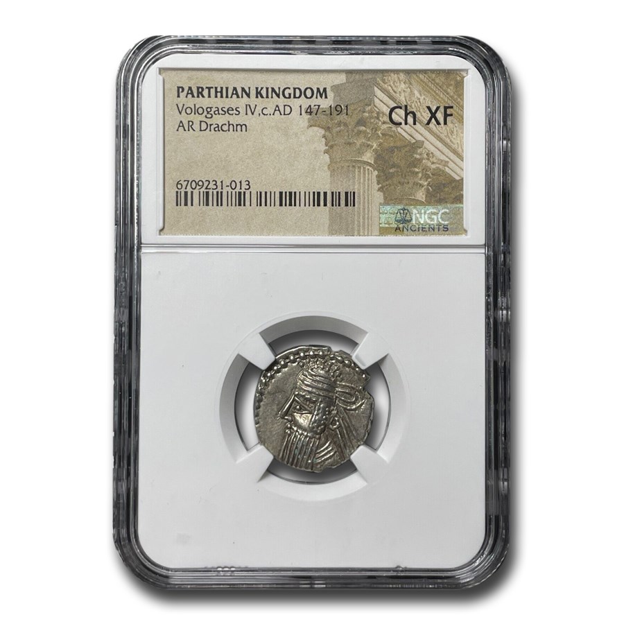 Parthian Empire Silver Drachm Vologases IV (AD 147-191) Ch XF NGC