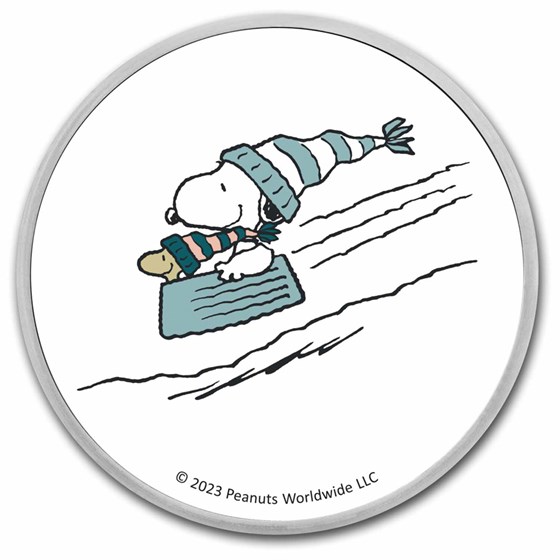 Peanuts® Snoopy & Woodstock Sledding 1 oz Colorized Silver