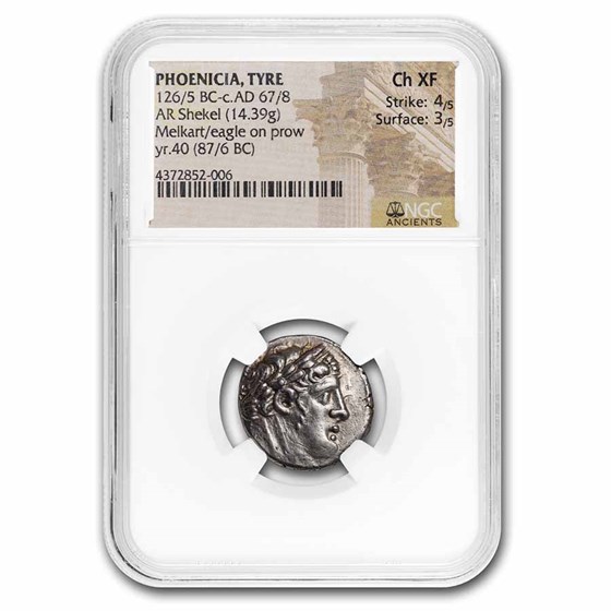 Buy Phoenicia Tyre AR Shekel (126/5 BC-67/8 AD) Ch XF NGC (87/6 BC) | APMEX