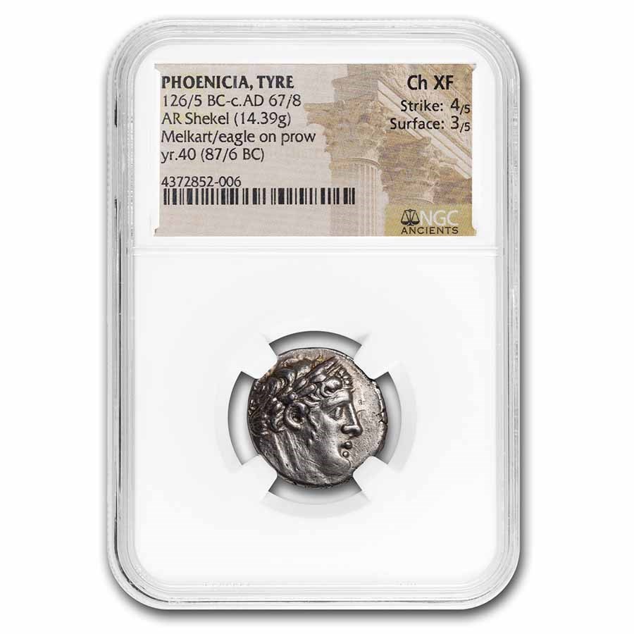 Buy Phoenicia Tyre AR Shekel (126/5 BC-67/8 AD) Ch XF NGC (87/6 BC) | APMEX
