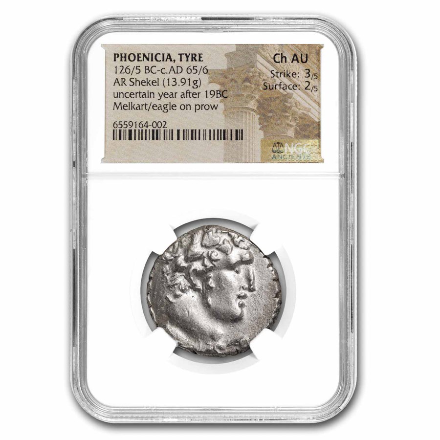 Buy Phoenicia Tyre Silver Shekel (c.19 BC) Ch AU NGC | APMEX