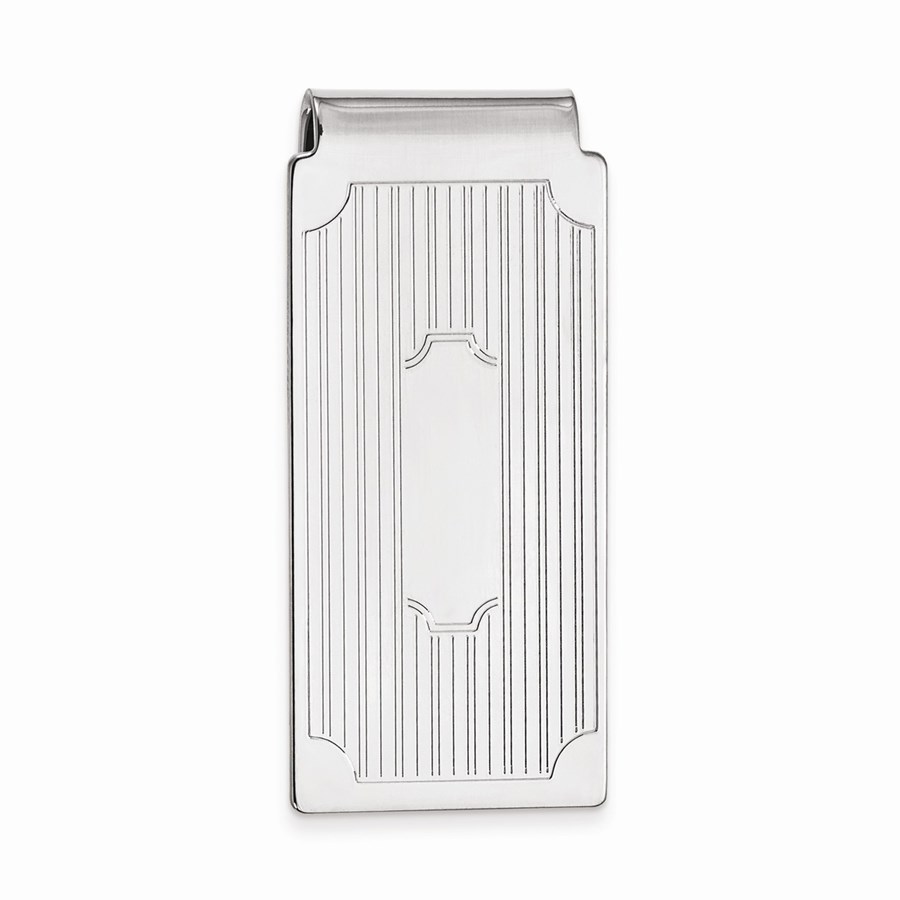 Buy Rhodium-plated Hinged Money Clip with Lines and Cut Corners | APMEX