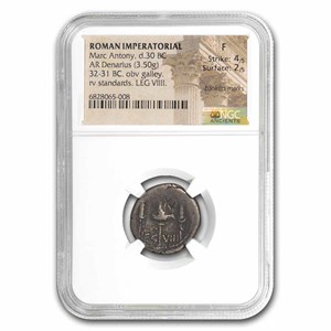 Roman AR Denarius Marc Antony Legion VIIII (30 BC) Fine NGC