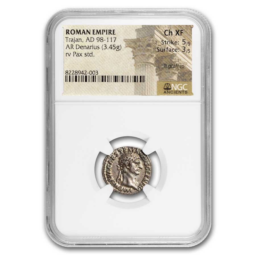 Buy 98-117 AD Roman AR Denarius Trajan Ch XF NGC | APMEX
