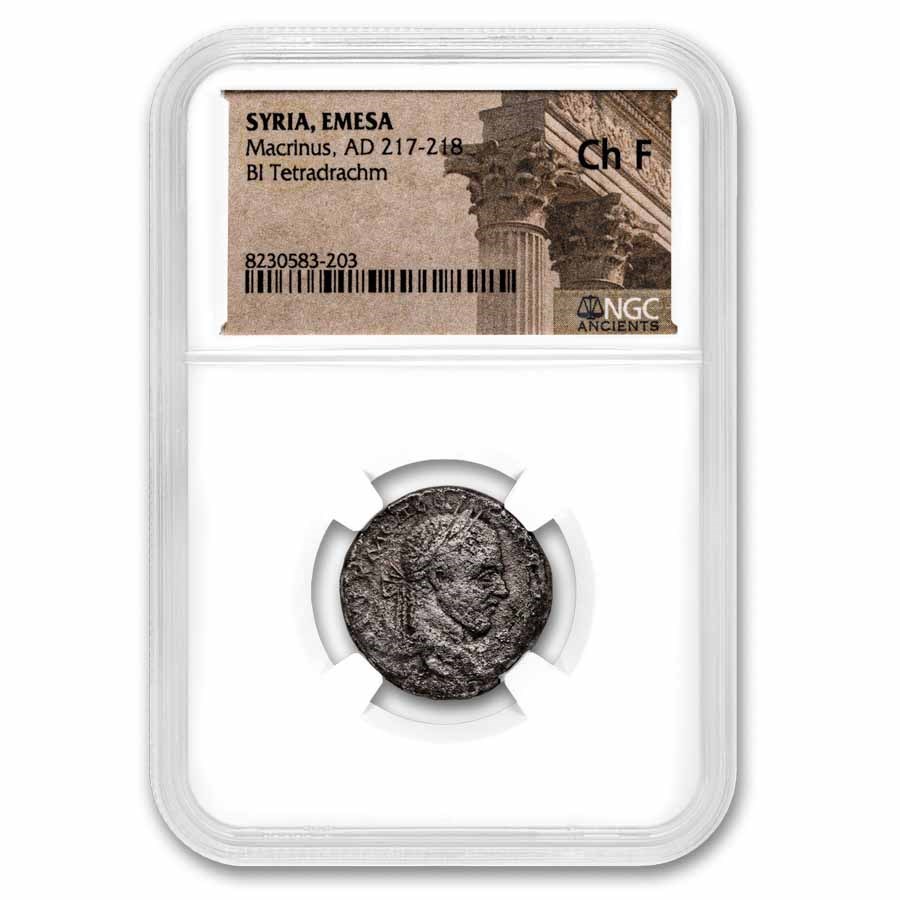 Roman Empire AR Tetradrachm Macrinus (217-218 AD) Ch F NGC