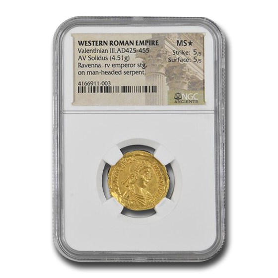 Roman Gold Solidus Emperor Valentinian III (425-455 AD) MS* NGC