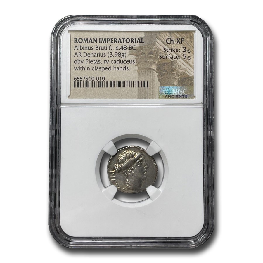 Roman Imperatorial AR Denarius Albinus Bruti (48 BC) Ch X NGC