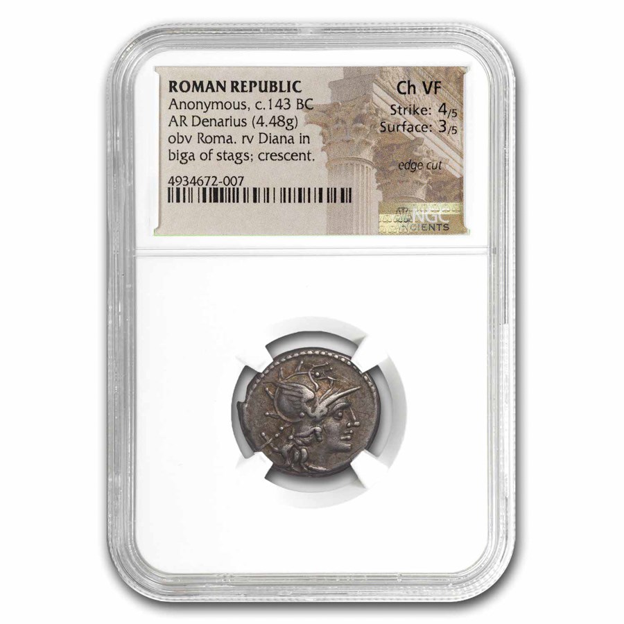 Buy Roman Republic Silver Denarius (143 BC) Ch VF NGC (Cr-222/1) | APMEX