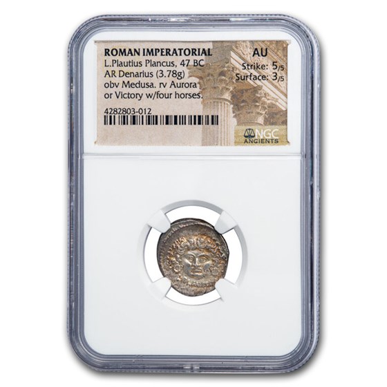 Buy Roman Silver Denarius L. Plautius Plancus (47 BC) AU NGC | APMEX