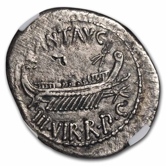 Roman Silver Denarius Marc Antony Legion X (30 BC) AU NGC