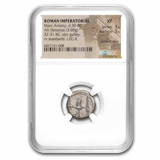 Roman Silver Denarius Marc Antony Legion X (30 BC) XF NGC