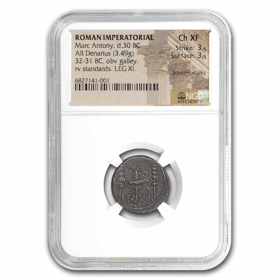 Roman Silver Denarius Marc Antony Legion XI (30 BC) Ch XF NGC
