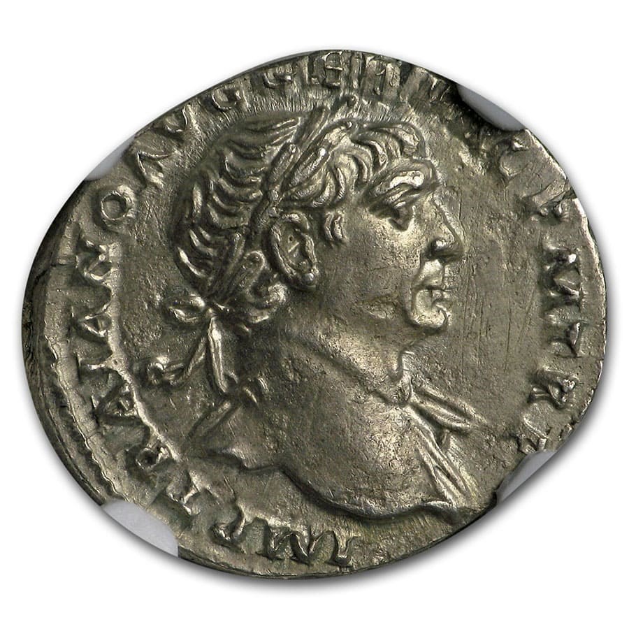 Buy Rome AR Denarius Emperor Trajan (98-117 AD) AU NGC (RIC II 128) | APMEX