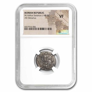 Rome AR Denarius M. Atil Saranus (148 BC) VF NGC (Cr-214/1b)