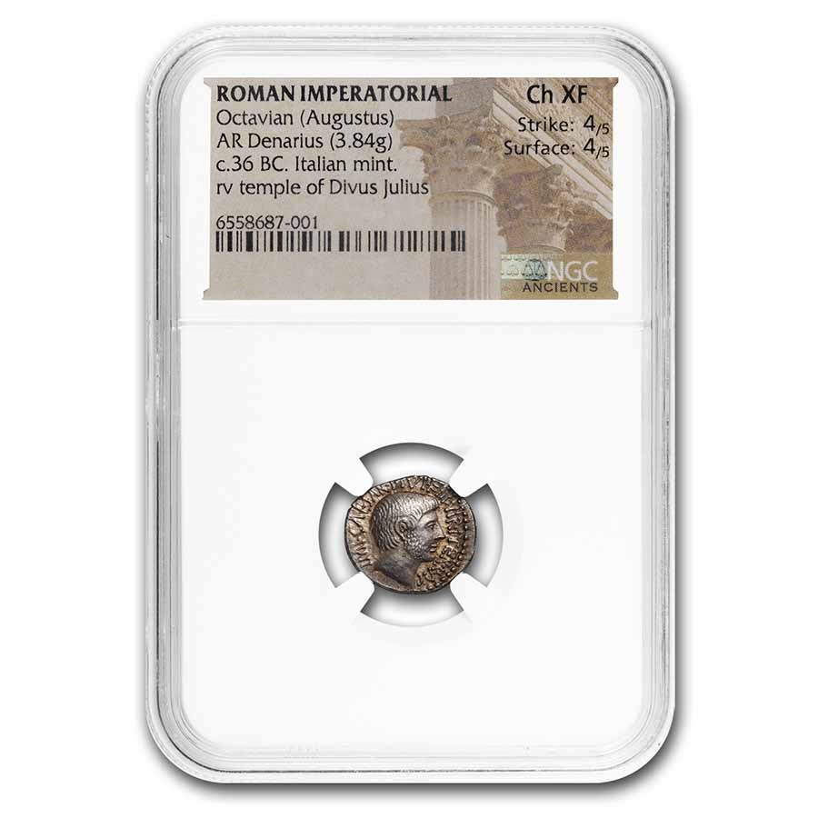 Buy Rome AR Denarius Octavian 36 BC Ch XF NGC (Crawford 540/2) | APMEX