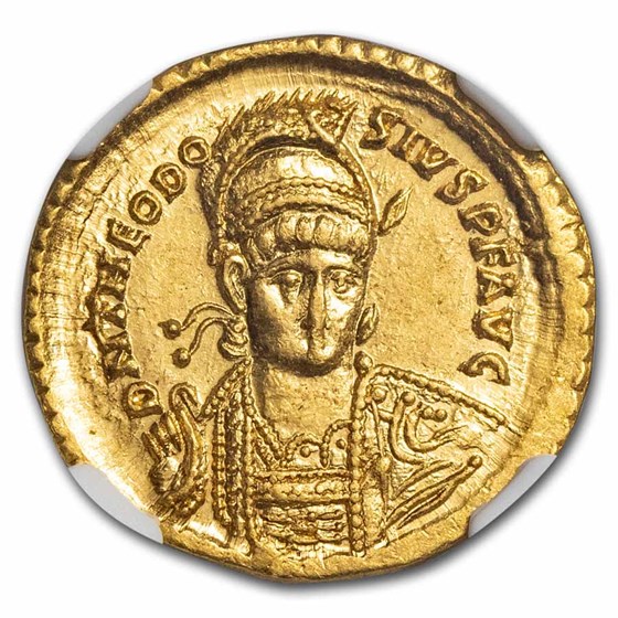 Rome AV Solidus Theodosius II (402-450 AD) Ch AU NGC (RIC X 282)