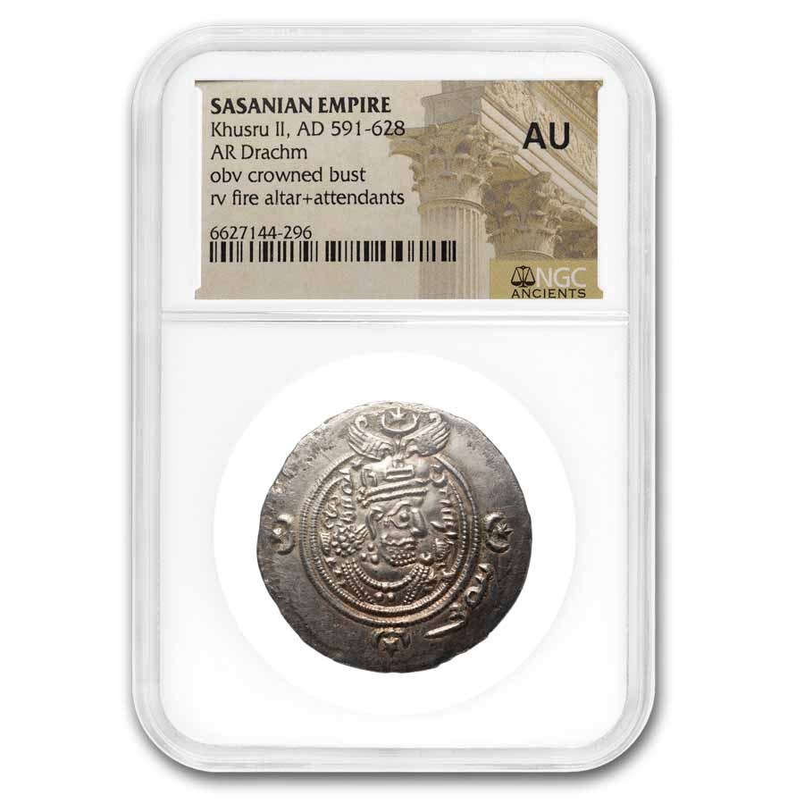 Sasanian Empire AR Drachm King Khusru II (591-628 AD) AU NGC