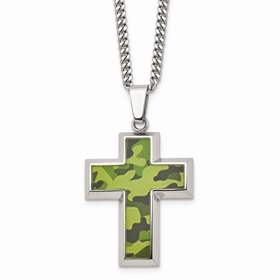 Buy SS Polished Printed Green Camo Cross Necklace - 22 in. | APMEX