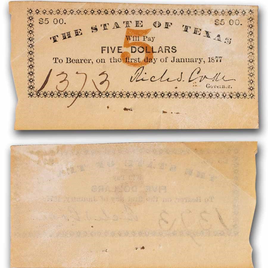 Buy Texas $5 Bond Interest Coupon January 1, 1877 | APMEX