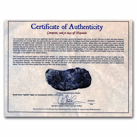 Buy Treasure of the Concepcion Shipwreck Silver Splash Ingot (w/ COA ...
